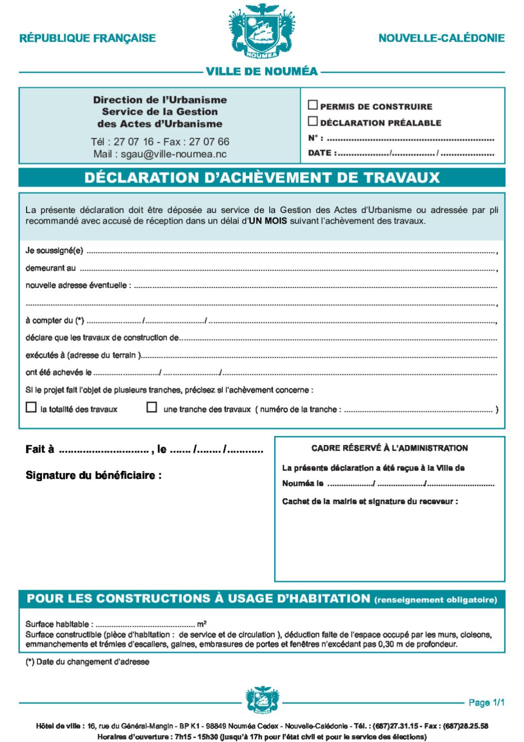 Déclaration d'achèvement de travaux | Ville de Nouméa Déclaration d'achèvement de travaux | Ville de Nouméa
